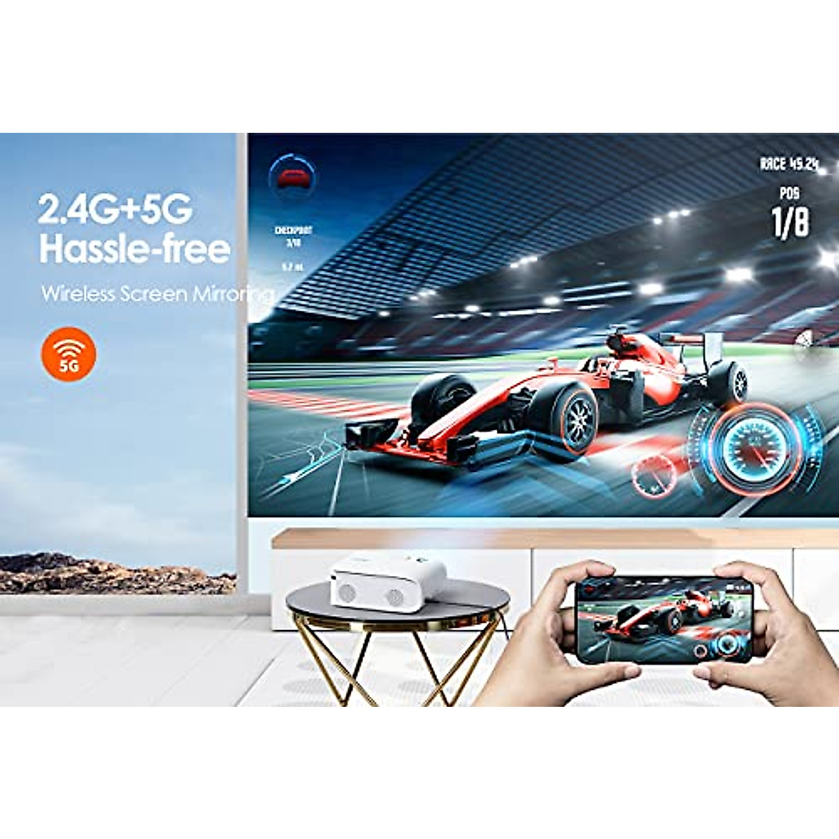 VIMGO 5G WiFi Projector, 9700LUX Native 1080P Projector, 220” Display Video Projector w Tripod, Portable Outdoor Projector for TV Stick, Video Games,HDMI/USB/AV/PS5, iOS Android Smartphone (X1)