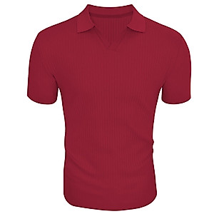 Gnvviwl Men's Muscle V Neck Polo Shirts Slim Fit Short Sleeve Cotton Golf T-Shirts Ribbed Knit Soft Tees Wine Red