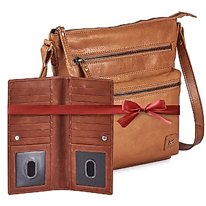 Wise Owl Accessories Leather Crossbody Bags and Purses for Women Bundled with RFID Blocking Long Bifold Credit Card Case Wallet (Set of 2 Cognac)
