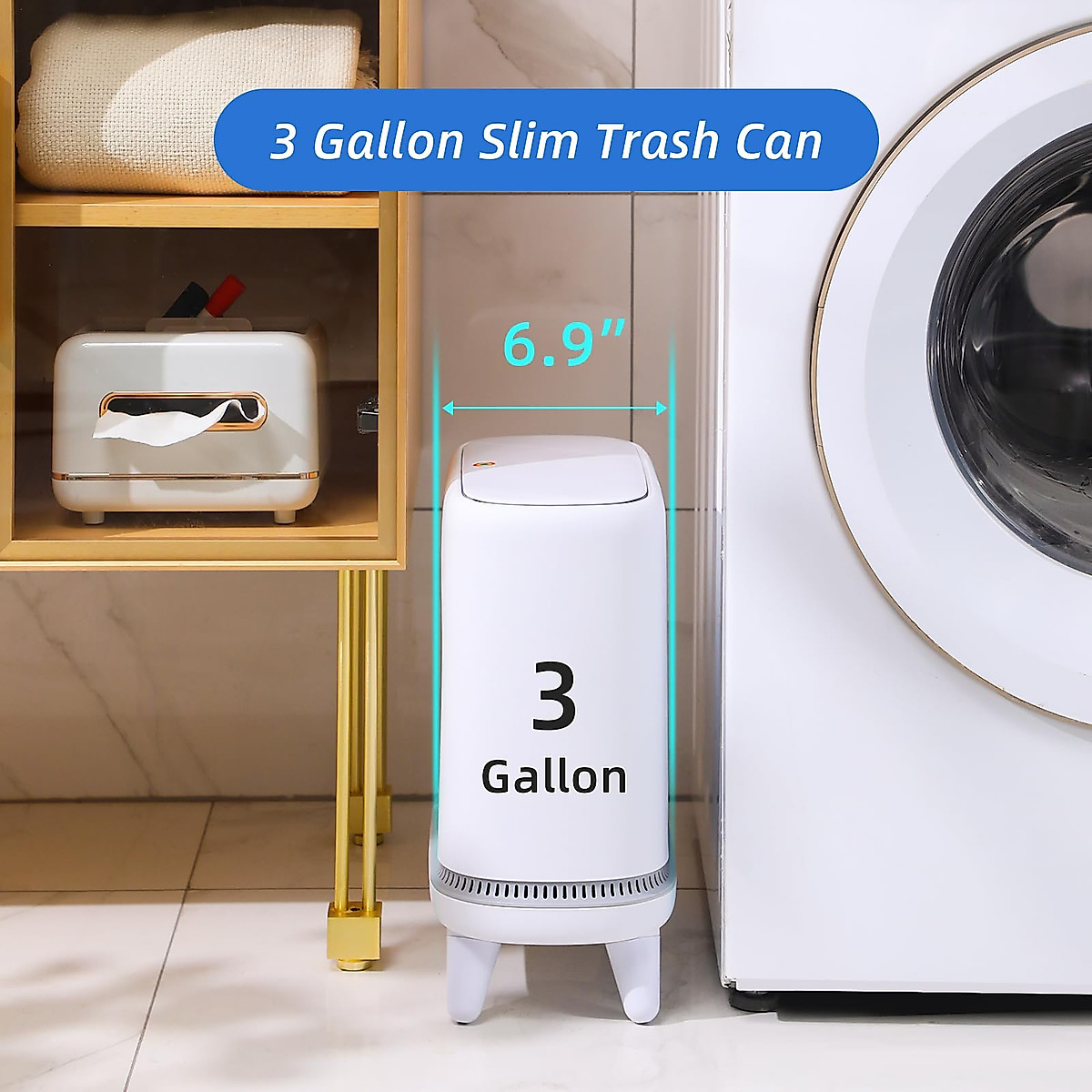 MOPALL Bathroom Trash Can, 3 Gallon Trash Can with Lid, Slim Bathroom Garbage Can with Press Top Lid, Modern White Trash Bin with Legs, Plastic Waste Basket for Bathroom, Bedroom, Home Office