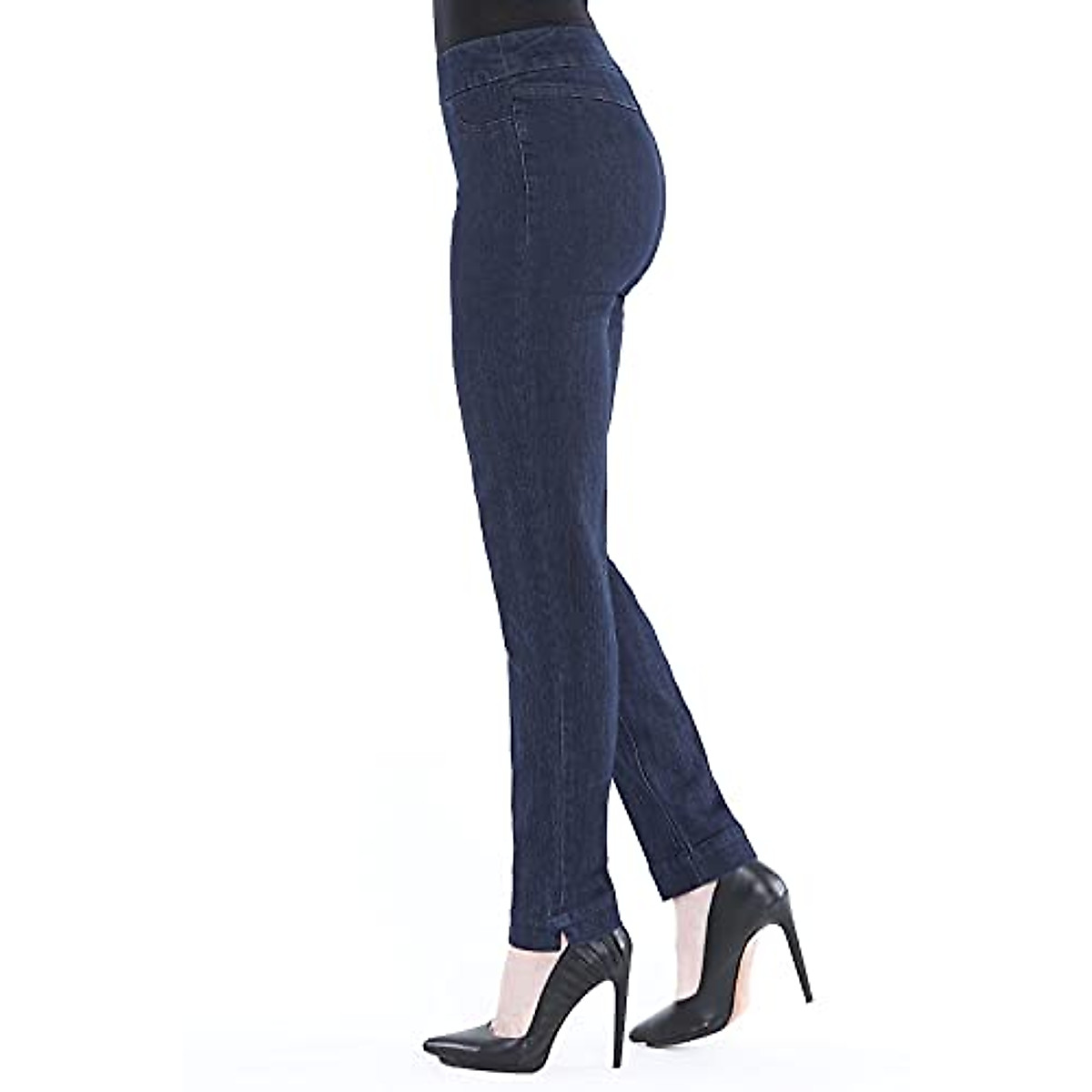 SLIM-SATION Women's Wide Band Regular Length Pull-on Straight Leg Pant with Tummy Control, Denim, 12