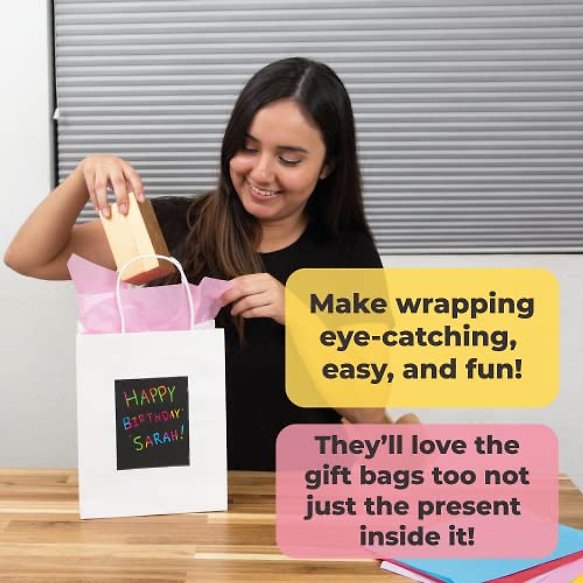 PURPLE LADYBUG 7 White Gift Bags with Handles & Scratch Panel for Messages - Unique Easter Gift Bags Medium Size, Wedding Gift Bag with Tissue Paper, Party Gift Bags, & Small Gift Bags Bulk