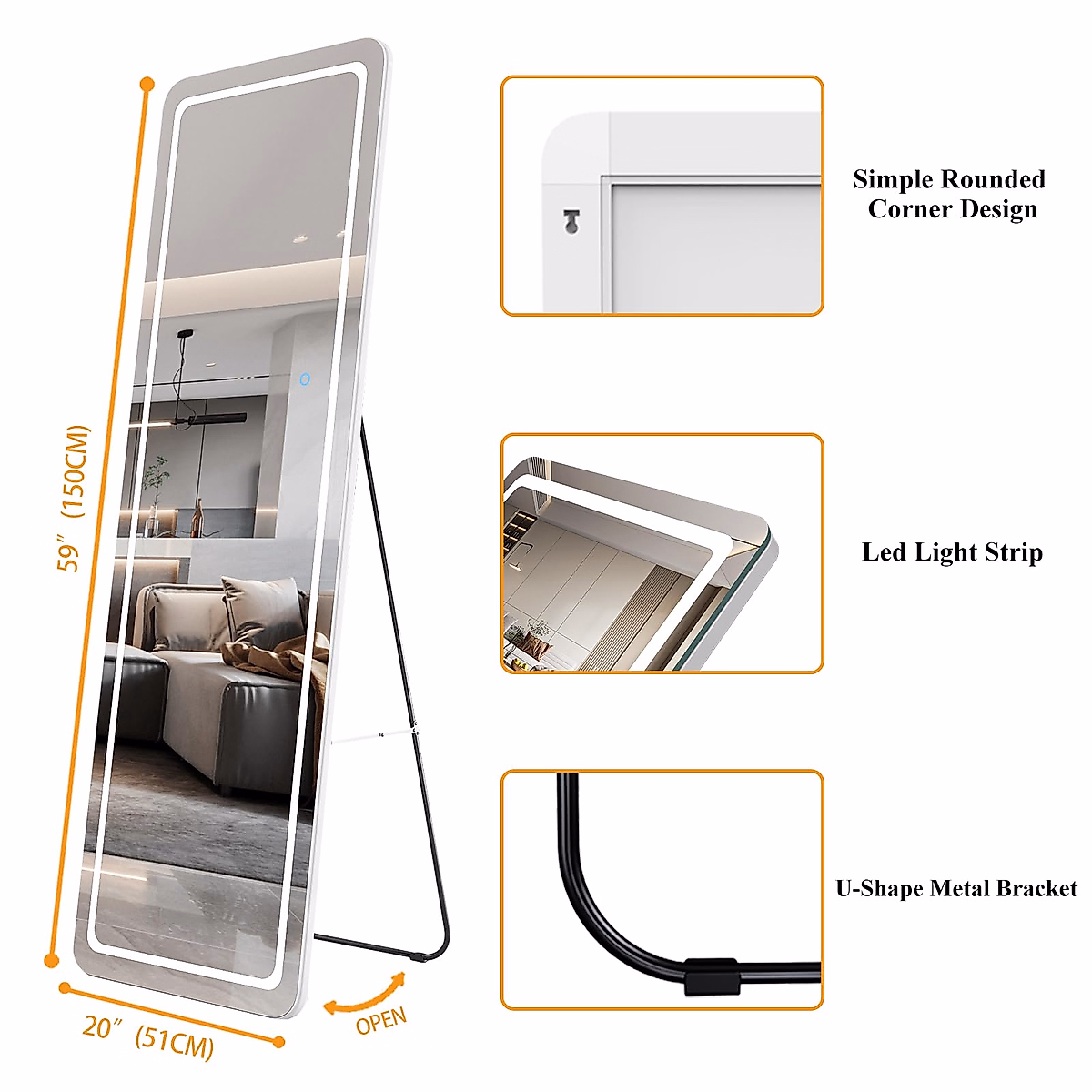 MTURIKIRI Full Length Mirror with Lights,59’’*20’’ LED Full Body Mirror,Wall Hanging Mirror,Free Standing Lighted Floor Mirror,Led Mirror Full Length for Bedroom with Dimming & 3 Color Modes