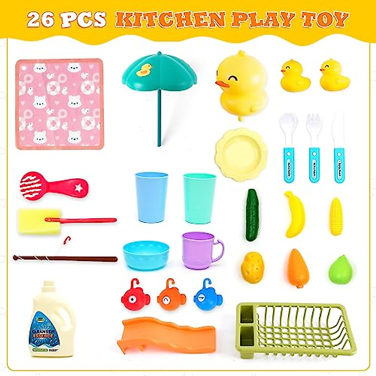 Play Sink with Running Water, Kitchen Sink Toys Play Kitchen Toy with Fake Food & Kitchenware, Pool Floating Fishing Toys for Water Play, Kids Role Play Dishwasher Toy (Duck Sink)
