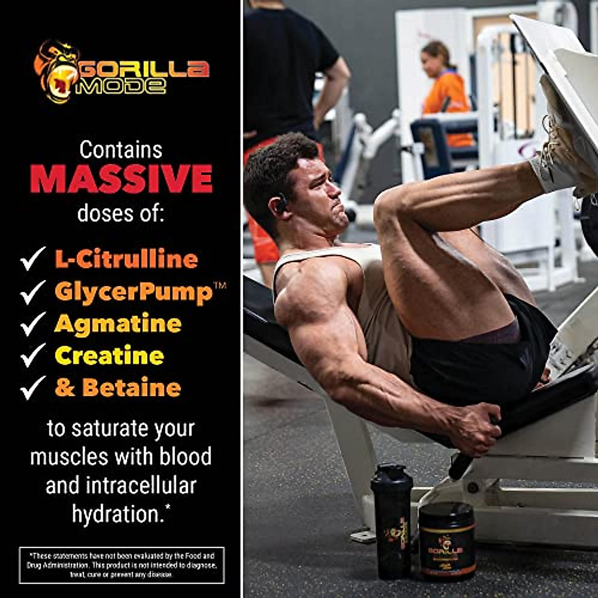 Gorilla Mode Pre Workout - Massive Pumps · Laser Focus · Energy · Power - L-Citrulline, Creatine, GlycerPump™, L-Tyrosine, Agmatine, Kanna, N-Phenethyl Dimethylamine Citrate - 604 Grams (Cherry)