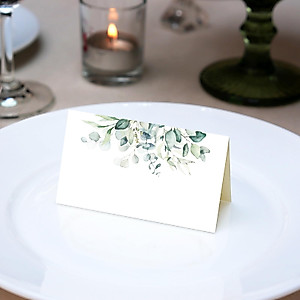 Whaline 100Pcs Greenery Place Cards 2 x 3.5 Inch Watercolor Green Leaves Tented Cards Blank Table Name Sign for Wedding Banquet Bridal Baby Shower Birthday Party Table Setting Supplies