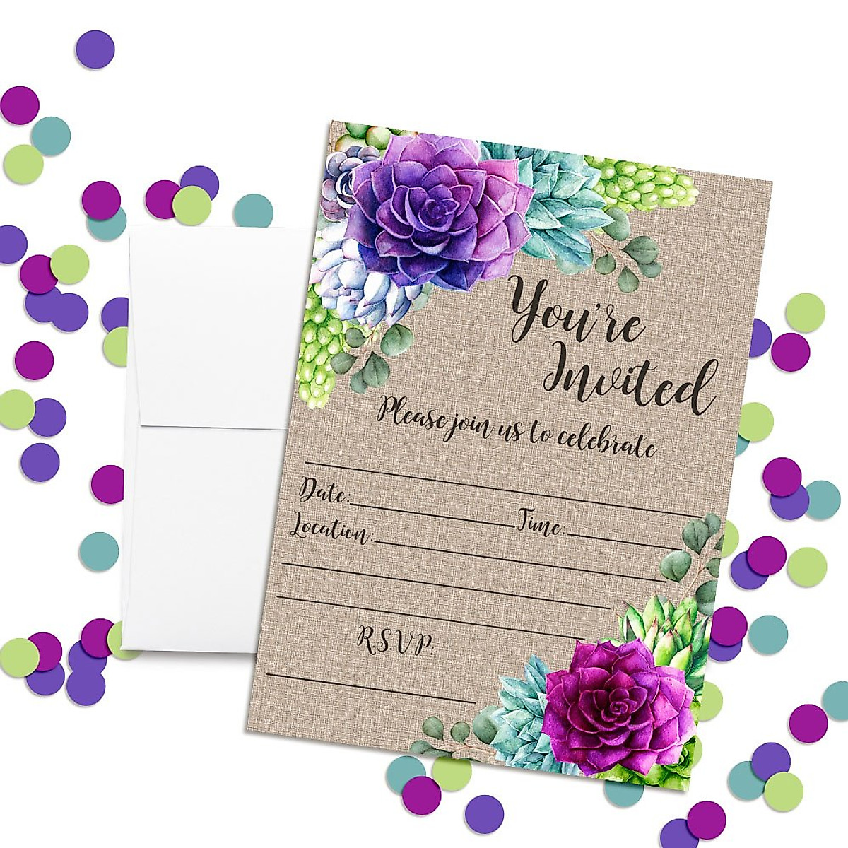 Watercolor Succulent Party Invitations for Birthdays, Baby Showers, Bridal Showers and More! 20 5x7 Fill In Cards with Twenty White Envelopes by AmandaCreation