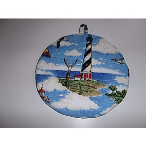 Quilted Pot Holders Hot Pads Lighthouse Potholders Fabric Round Handmade Trivet Double Insulated 9 Inches