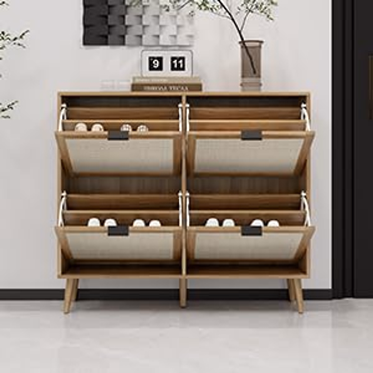 Woenei Shoe Cabinet with Flip Drawers-Modern Rattan 2-Tier Shoe Storage Organizer Cabinet,Freestanding Wood Shoe Rack with 4 Drawers for Bedroom,Mudroom,Entryway,Living Room (Walnut Brown_4 Drawers)