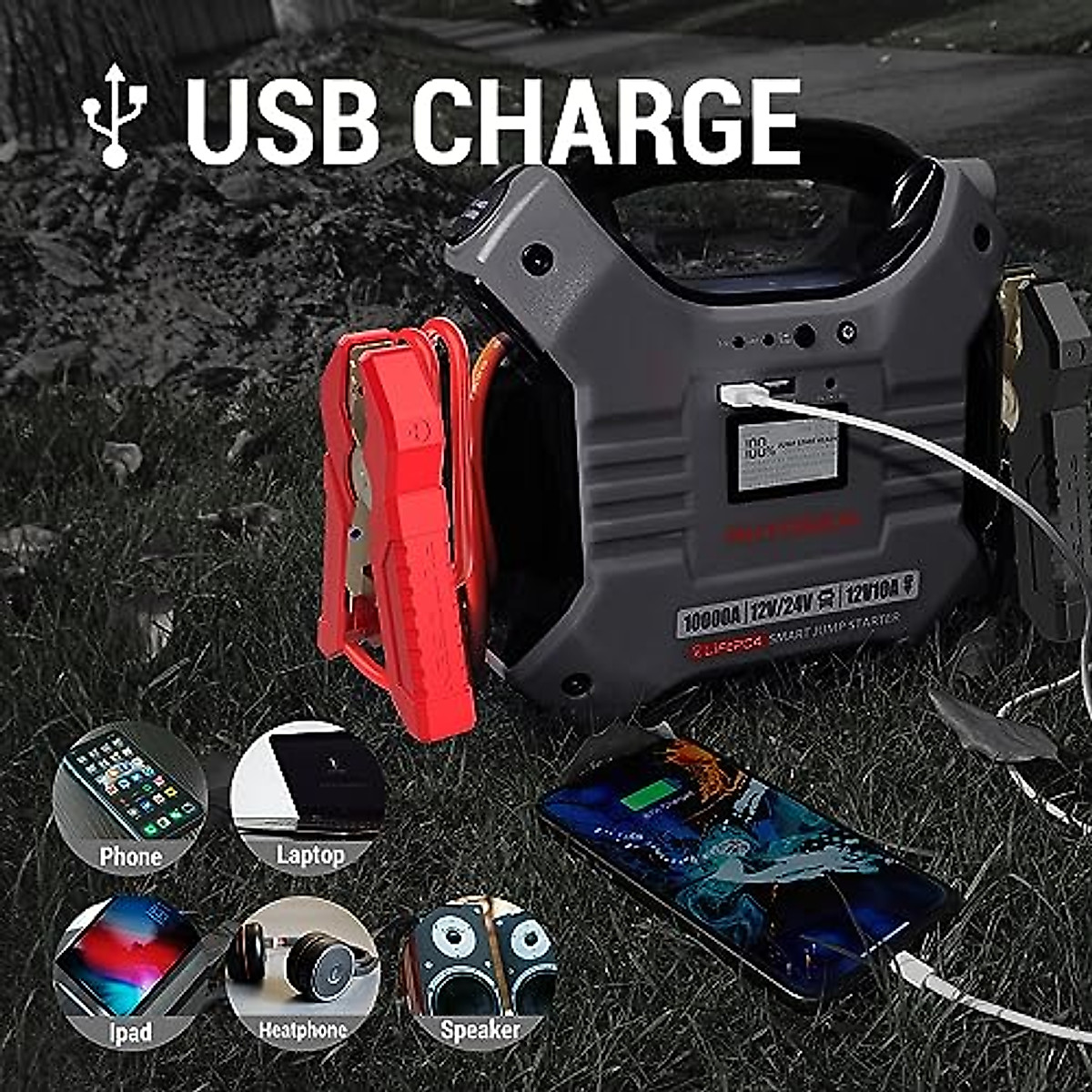 AUTOGEN 12V & 24V Jump Starter 10000Amp Lithium Iron Phosphate (LiFePO4) Battery, Booster Jumper Box with Smart LED Screen Built-in LED Light
