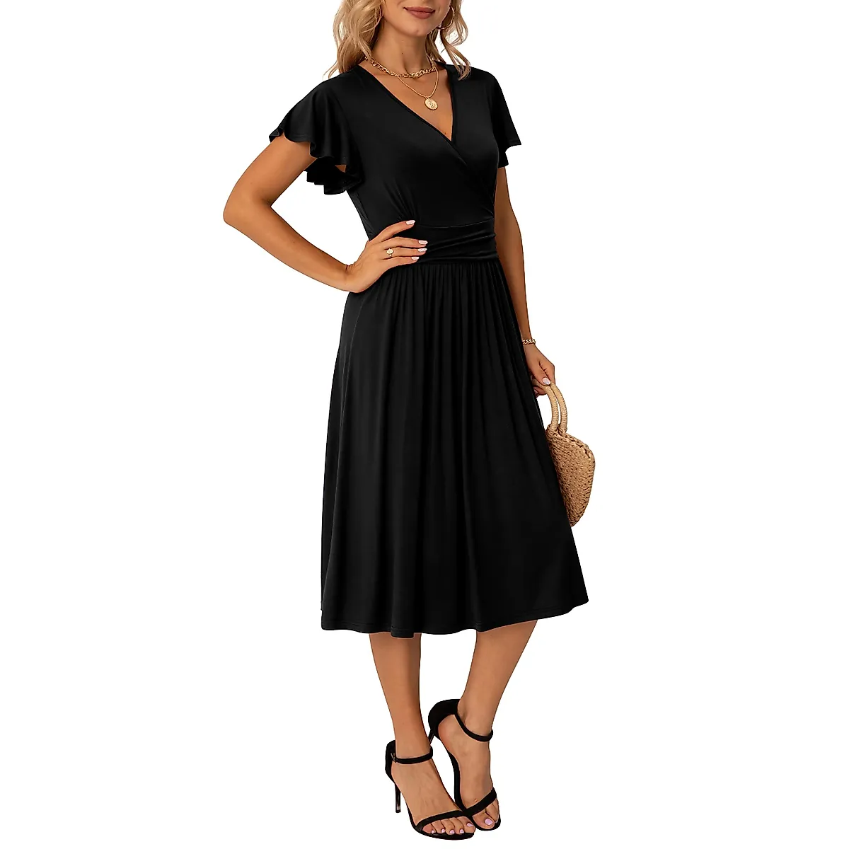 GRECERELLE Summer Dress for Women, Casual Short Sleeve Black Dresses, Wrap V-Neck Party Dress(X-Large, Black)