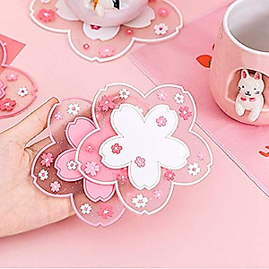 Sakura Coffee Cup Mat Kawaii Coaster 2PCS Cute Cherry Blossom PVC Home Tea Mug Pink Flower Pattern Durable Anti-Skid Pot Bowl Pad Placemat for Desk Drink Table Decor Kawaii Accessories (Small)