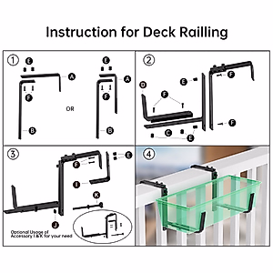 Y&M Adjustable Planter Box Brackets, Brackets for Window Boxes Planters, 4 Packs Universal Outdoor Hanging Brackets, Black Steel Mounting Durable, Suitable for Fence Pergola Patio Garden Balcony