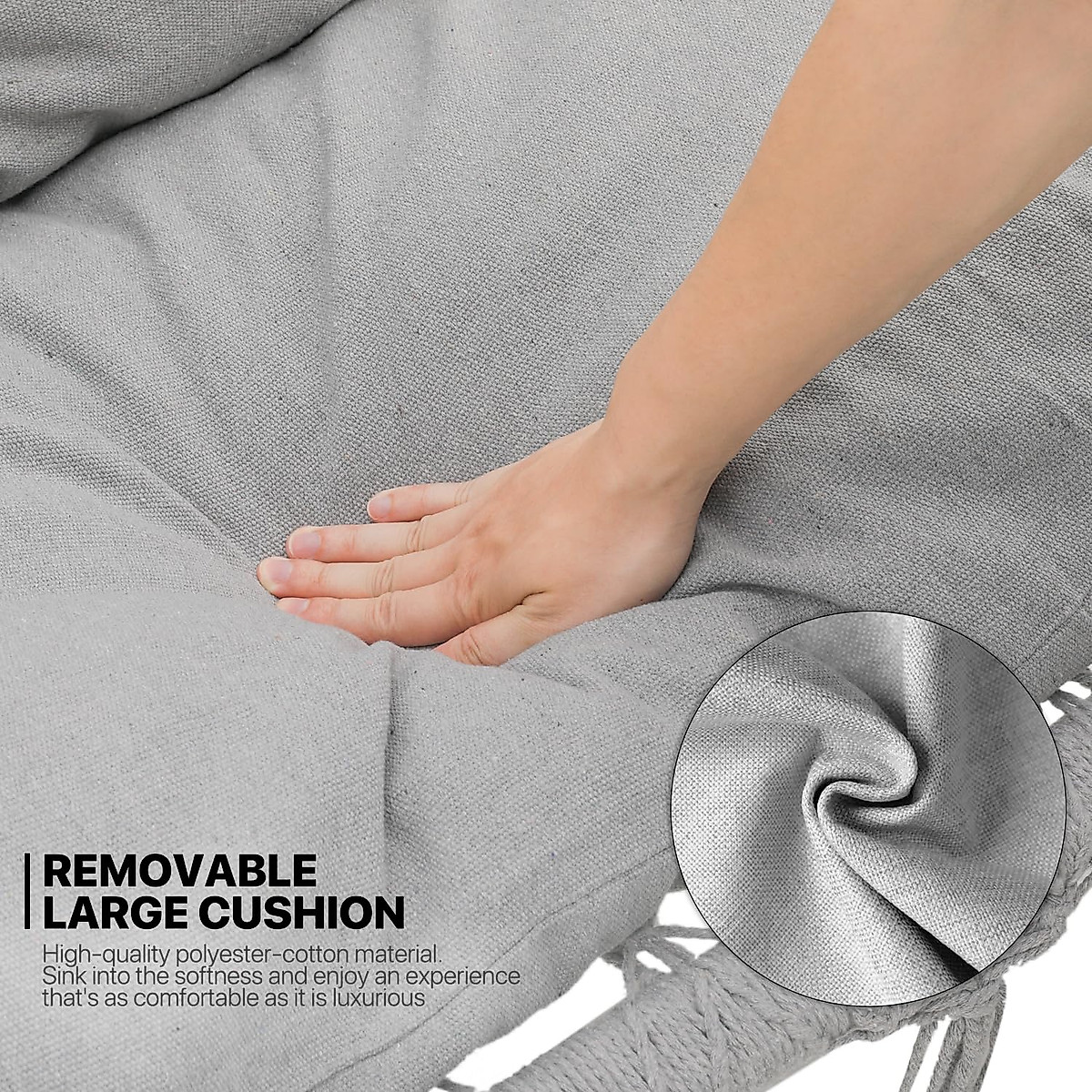 MoNiBloom Outdoor 2 Seat Hammock Chair with 3 Cushion, Indoor/Outdoor Hanging Macrame Swing Boho Chair for Adults, Max 700 lbs Capacity Patio Hanging Chair Porch Hammock Chair Hanging Rope Swing, Grey