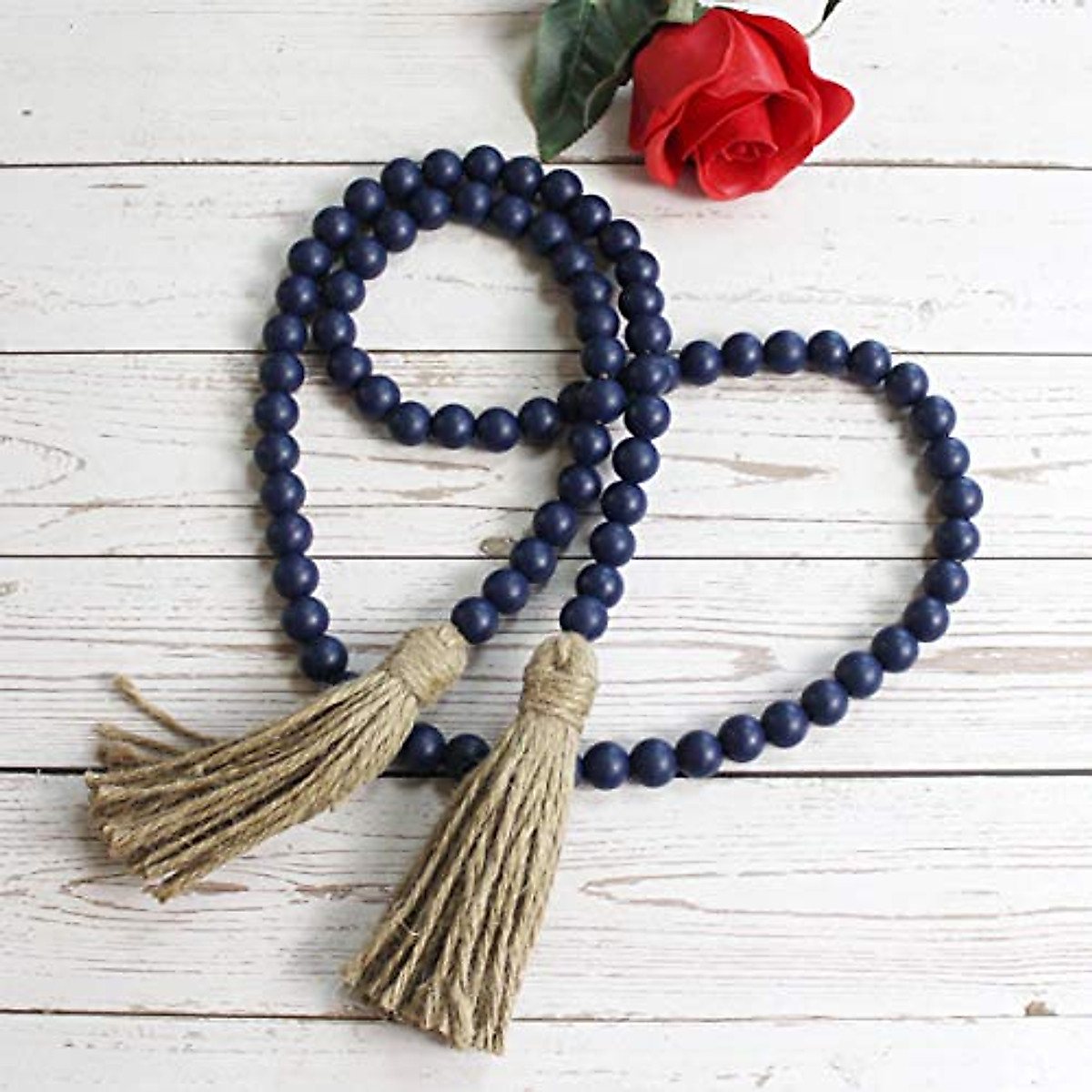 CVHOMEDECO. Wood Beads Garland with Tassels Farmhouse Rustic Wooden Prayer Bead String Wall Hanging Accent for Home Festival Decor. Navy Blue