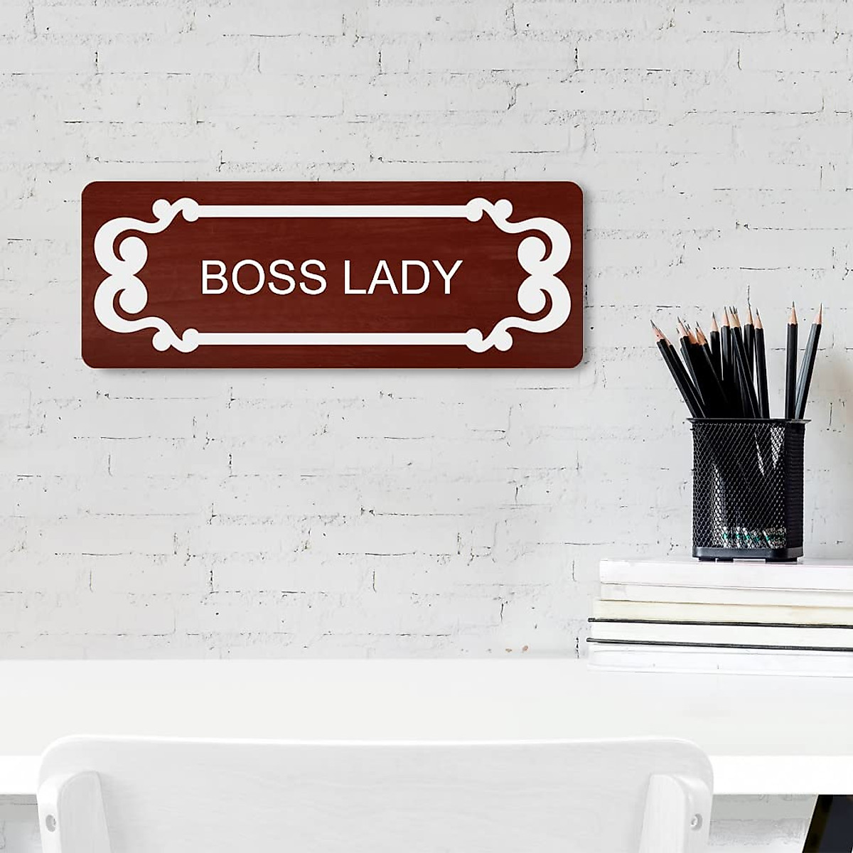 ComplianceSigns.com 8" x 3" Custom Sign with Scroll Outline, Includes Adhesive Strips, Engraved Plastic with Acrylic Core, White on Blue