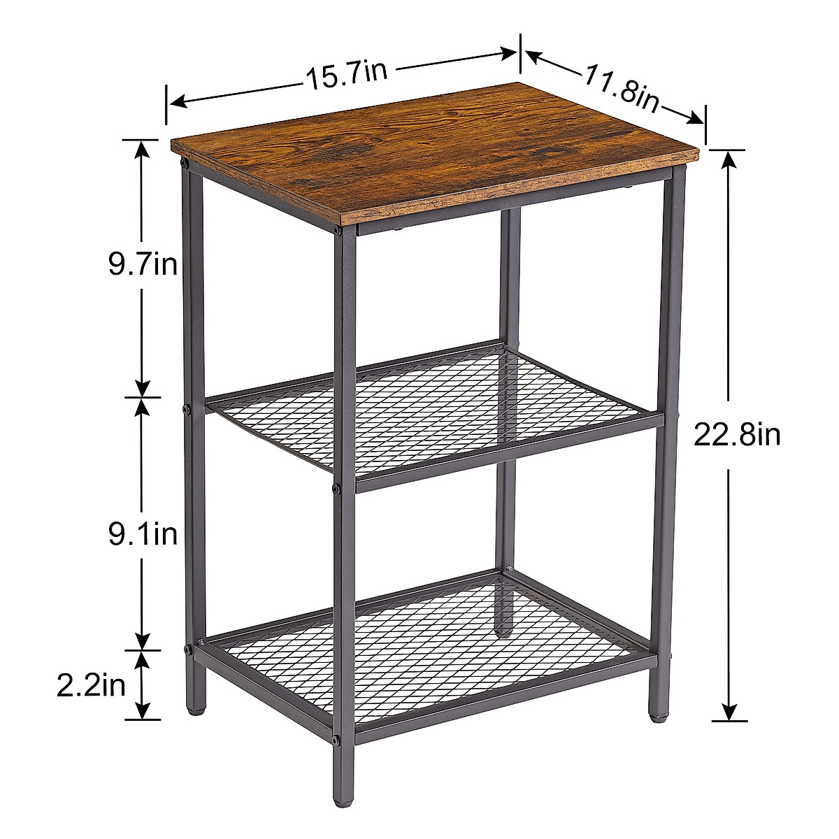 VECELO End Side Table with Storage Shelf, Industrial Night Stand , 3-Tier Small Nightstand for Living room, Bedroom