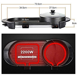 SEAAN Hot Pot with Grill, Hotpot Pot Electric Grill Indoor Shabu Shabu Pot Korean bbq Grill Smokeless, Separate Dual Temperature Contral, Capacity for 2-12 People, 110V