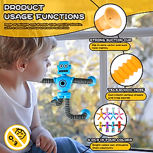 Easter Basket Stuffer Gift Robot Sensory Travel Toys 4Pcs for Toddlers Kid Boy Year Old Ages 3 4 5 6 7 8 9, Airplane Activities Suction Autism Pop Tube Fidget Toys Autistic Stocking Valentine for Kids