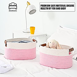 ECDYQXVU 1 Pack Cotton Rope Storage Baskets,15x10x9in,Collapsible Storage Bins, Decorative Woven Basket Cube Storage Organizer for Laundry, Towel, Clothes, Cosmetics, Books(White/Pink)