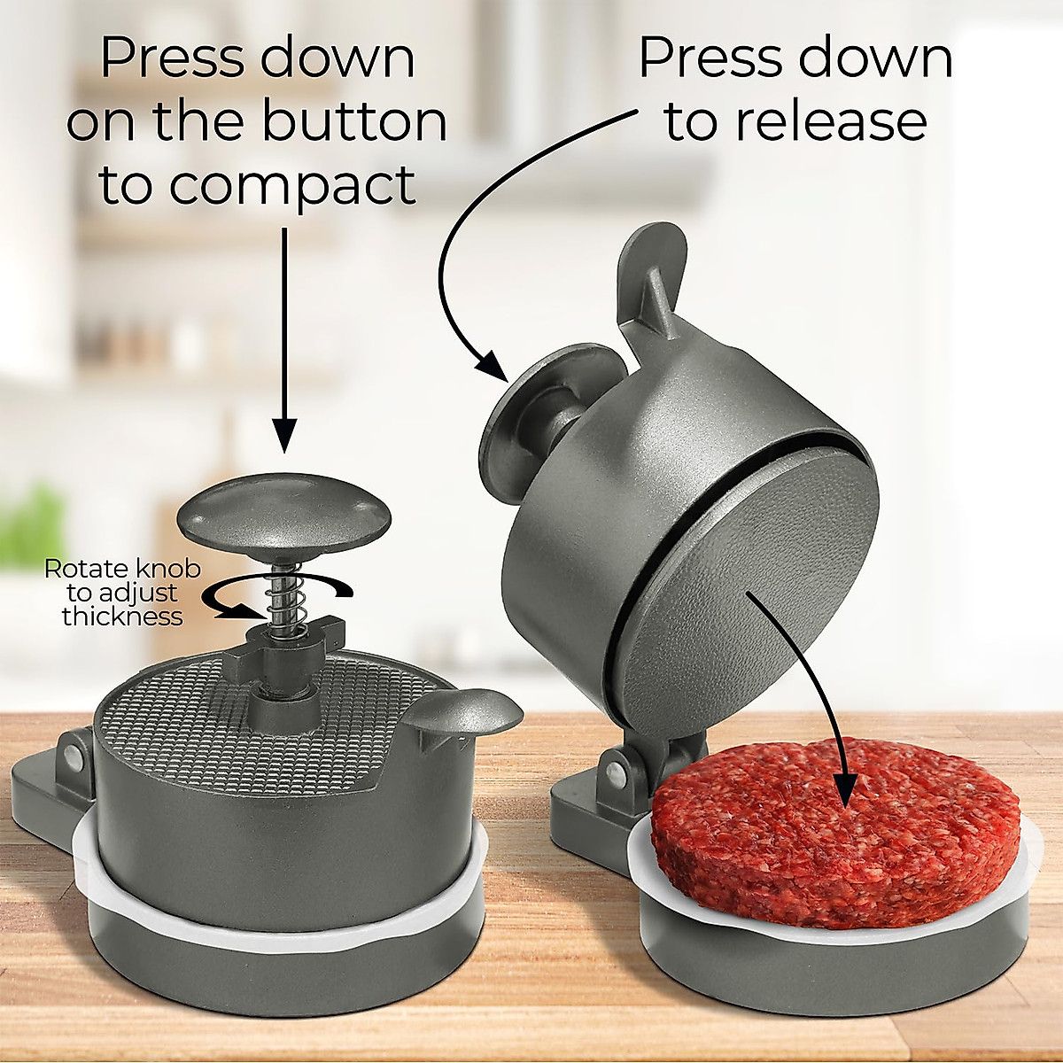 Shop Square Hamburger Press Patty Maker - Adjustable 1/4lb to 3/4lb Burger Press Patty Maker with Patty Ejector - Adjustable Thickness for Burgers, Crab Cakes, and Sausage - Patty Paper Included