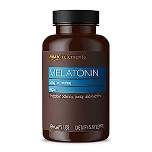 Amazon Elements Melatonin 5mg, Vegan, Helps with occasional sleeplessness, 195 Capsules, 6 month supply (Packaging may vary)