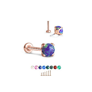 316 Stainless Steel Rose Gold-Tone Threadless Push Pin Nose Ring Labret Monroe Stud 4mm Prong Red Faux Opal 20G
