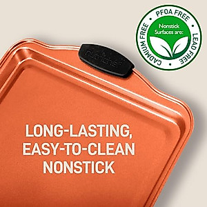 NutriChef 5-Piece Baking Pans Set - Stackable Cookie Sheets & Roasting Pan w/ Lid - Convenient Sizes for Cooking & Baking, Includes Built-in Silicone Handles - Easy to Clean, Copper
