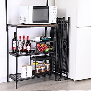 RokiaTek 3-Shelf Foldable Storage Shelves with Wheels, Large Capacity Metal Standing Shelving Unit, No Assembly Heavy Duty Organizer Rack for Kitchen, Garage, Basement, Pantry, Matte Black
