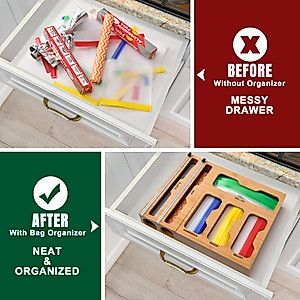 MG CUSTOM GOODS Bamboo Ziplock Bag Organizer & Plastic Wrap Dispenser with Cutter, 6 IN 1 Magnetic Kitchen Drawer Organizer for Gallon, Quart, Sandwich, Snack Bags