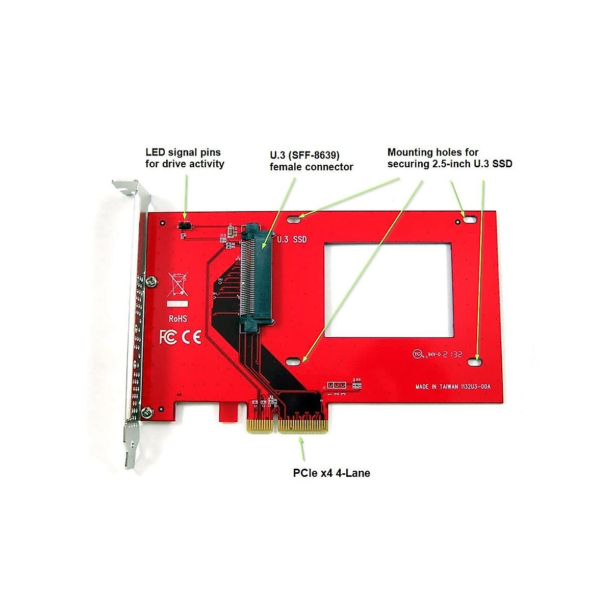 Ableconn PEXU3-132 NVMe 2.5-inch U.3 SSD PCIe 4.0 x4 SFF-TA-1001 Carrier Adapter Card - for 2.5-inch U.3 NVMe SSD - U.3 to PCIe 4.0 - PCIe Adapter for U.3 Drive
