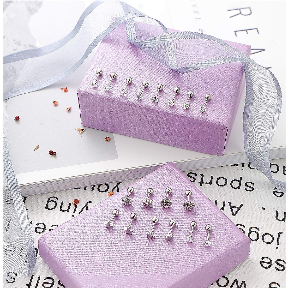 LOYALLOOK 12 Pairs Stainless Steel Ball Stud Earrings Barbell Cartilage Helix Ear Piercing 3-6mm 2 Colors (18G 12 Pairs Silver Tone 4mm)