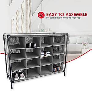 Sunbeam 4 Tier 16 Pair Shoe Rack Cubby Shelf Organizer Non Woven Polyester Fabric Portable and Durable Gray
