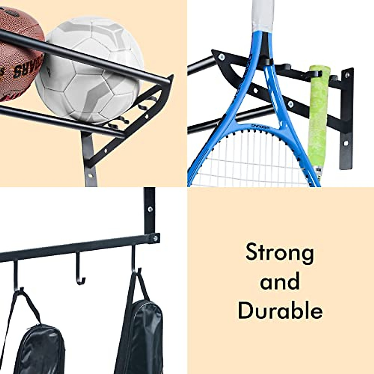 Sunix Garage Sports Equipment Storage, Basketball Rack with 3 Racks, Sports Equipment Organizer Wall Mount Shelf with 4 Hooks for Rackets, Sports Equipment Storage Rack, basketball Rack