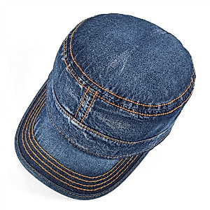 VOBOOM Washed Cotton Military Caps Cadet Army Caps Unique Design Vintage Flat Top Cap (Denim Dark Blue)