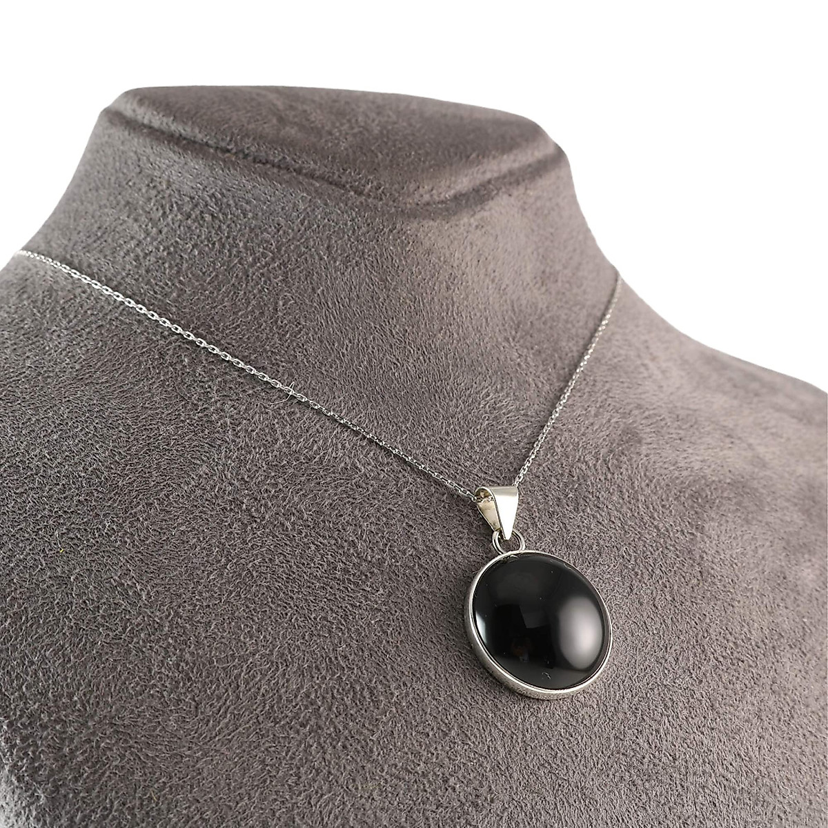 Echmeck Sterling Silver 925 Round Black Onyx 20mm Handmade Pendant Necklace with 16+2 inches Chain for Women