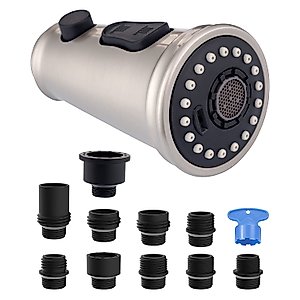Pull Down Kitchen Faucet Head Replacement, 3-Function Kitchen Sink Faucet Head Sprayer Head Nozzle with 10 Adapters, Compatible with Moen, American Standard, Delta, Kohler Faucets-Brushed Nickel