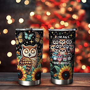 20oz Owlaholic Sunflower Owl Tumbler, Gifts for Owl Lovers, Coffee Thermos for Women, Stainless Steel Double Wall Vacuum Insulated Coffee Mug, Travel Cup with Lid