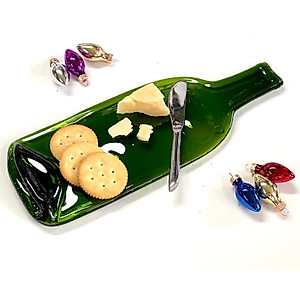 Melted Wine Bottle Cheese Serving Tray with Cheese Spreader and Red Ribbon, Unique Christmas Gift by Mitchell Glassworks
