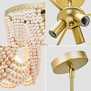 3-Light Boho Wood Beaded Chandelier Light Fixture, Gold and Oak Finish Semi Flush Mount Ceiling Light for Nursery Room, Girl Room, Kids Room, Bedroom, Hallway, Entryway, Passway