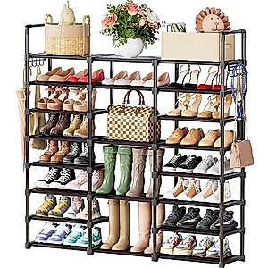 Mavivegue Metal Shoe Rack Organizer，8 Tiers Tall Shoe Shelf Storage，40-45 Pairs Vertical Large Boot Rack,Stackable Shoe Racks for Entryway, Closet, Garage, Bedroom,Cloakroom -Black