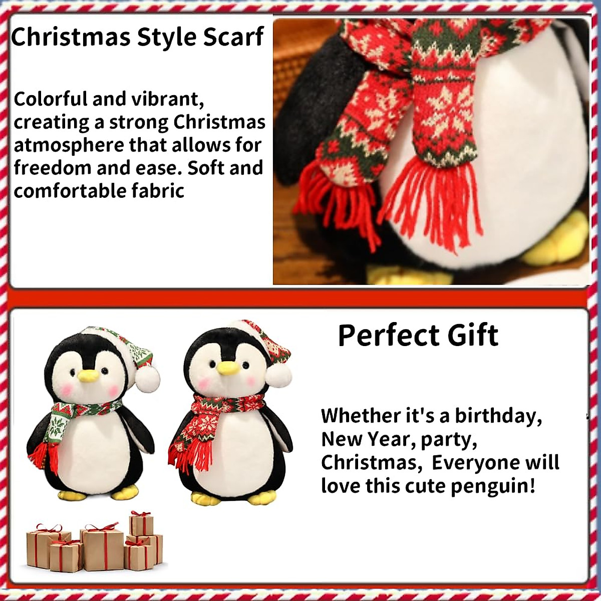 Cute Plush Penguin Stuffed Animal with Hat and Scarf, Penguins Plush Toys,Christmas Penguin Plush Soft Body Pillow Plushies,Room Decor, Gift for Girls and Boy Halloween, Birthdays (Red, 9.8 in)