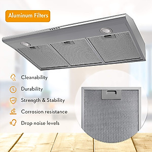 FIREGAS Under Cabinet Range Hood 36 inch with Ducted/Ductless Convertible, Slim Kitchen Stove Vent Hood, LED Light, 3 Speed Exhaust Fan, Reusable Aluminum Filter, Push Button,Charcoal Filter