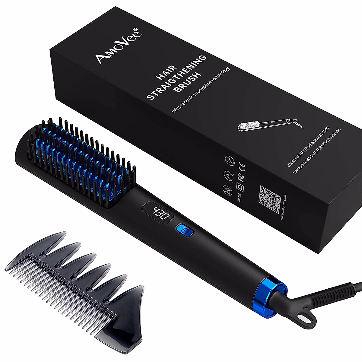 Hair Straightener Brush, AmoVee Ionic Hair Straightener Comb,15s Fast Heating up, 5 Adjustable Temp 285℉-430℉, Auto Temp Lock Straightening Brush for Home Salon, Dual Voltage, Blue
