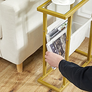 HOOBRO Narrow End Table, Tempered Glass Side Table, Small Nightstand, Bedside with Storage Holder, Coffee Table for Small Spaces, Bedroom, Living Room, Easy Assembly, Sturdy, Gold GD78BZ01