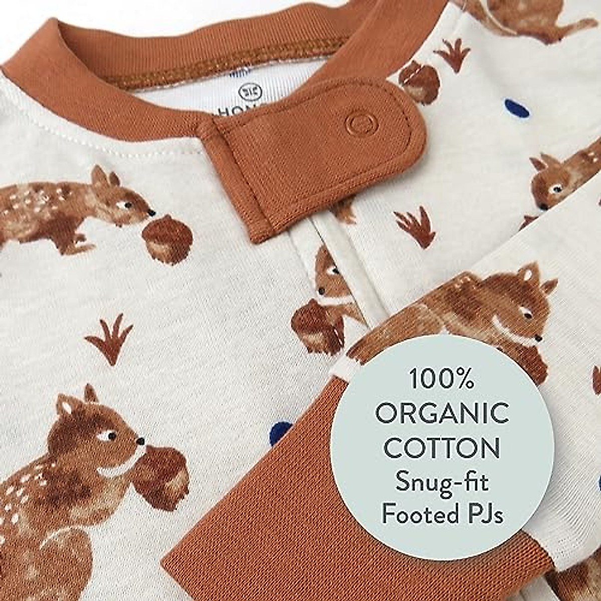 HonestBaby Non-Slip Footed Pajamas One-Piece Sleeper Jumpsuit Zip-Front PJs 100% Organic Cotton for Baby Boys, Nuts, 18 Months