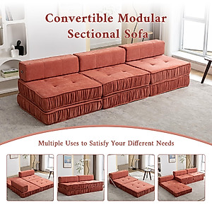 ROCKINGRUN Folding Sofa Bed,Convertible Memory Foam Couch,Chenille Sleeper Chair Floor Couch with Removable Back Cushion,Futon Sofa Bed for Living Room, Guest Room, Apartment, Small Space,Orange