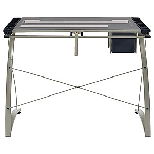 Coaster Home Furnishings Melo Modern Drafting Table for Office Drawing Desk Adjustable Angle Top Smoked Tempered Glass Top with Reversible Drawers Steel Frame Silver 800986