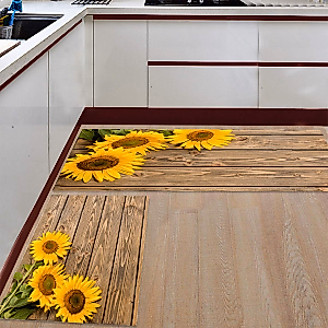 Sunflower Kitchen Mats for Floor Cushioned Anti Fatigue 2 Piece Set Kitchen Runner Rugs Non Skid Washable Sunflowers on The Wooden Plank Summer Garden Photo 15.7x23.6+15.7x47.2inch