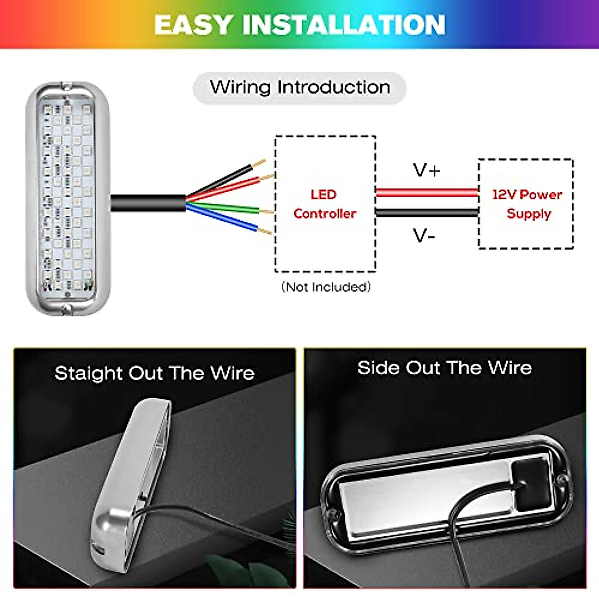 HUSUKU RS9 (2.0) RGB 4000LM Underwater Marine Light for Boat, 6.7 Inch, 45LED DC 12V, 316 Stainless Steel, IP68, Color Change LED Boat Light for Yacht Boat Transom Fishing Dock Pontoon